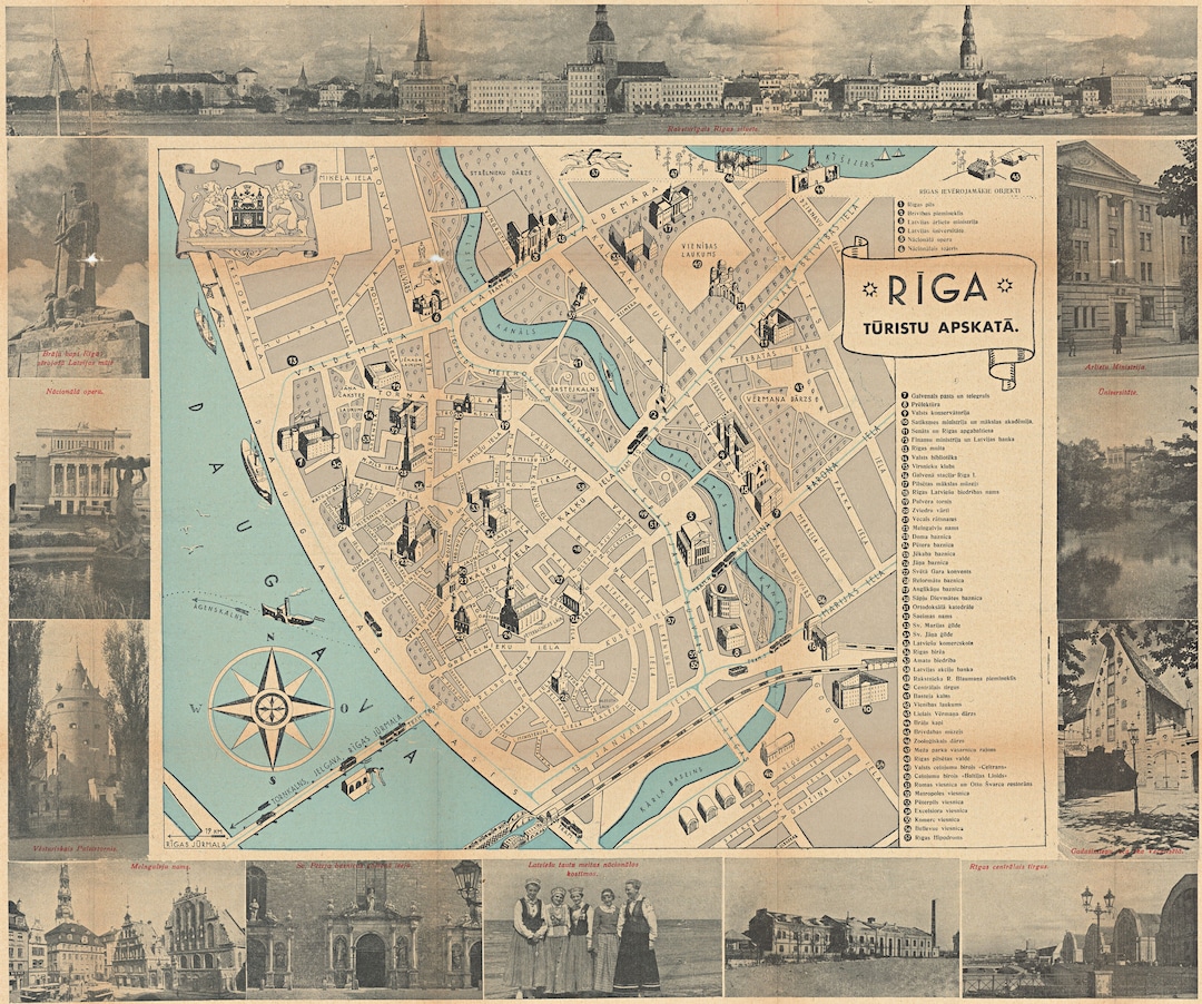 Riga Map, Retro Riga Plan, Old Map of Riga, Vintage Latvia Map, Latvia ...