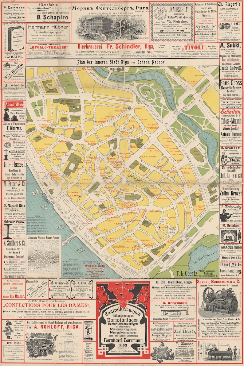 Riga Map, Retro Riga Plan, Old Map of Riga, Vintage Latvia Map, Latvia ...