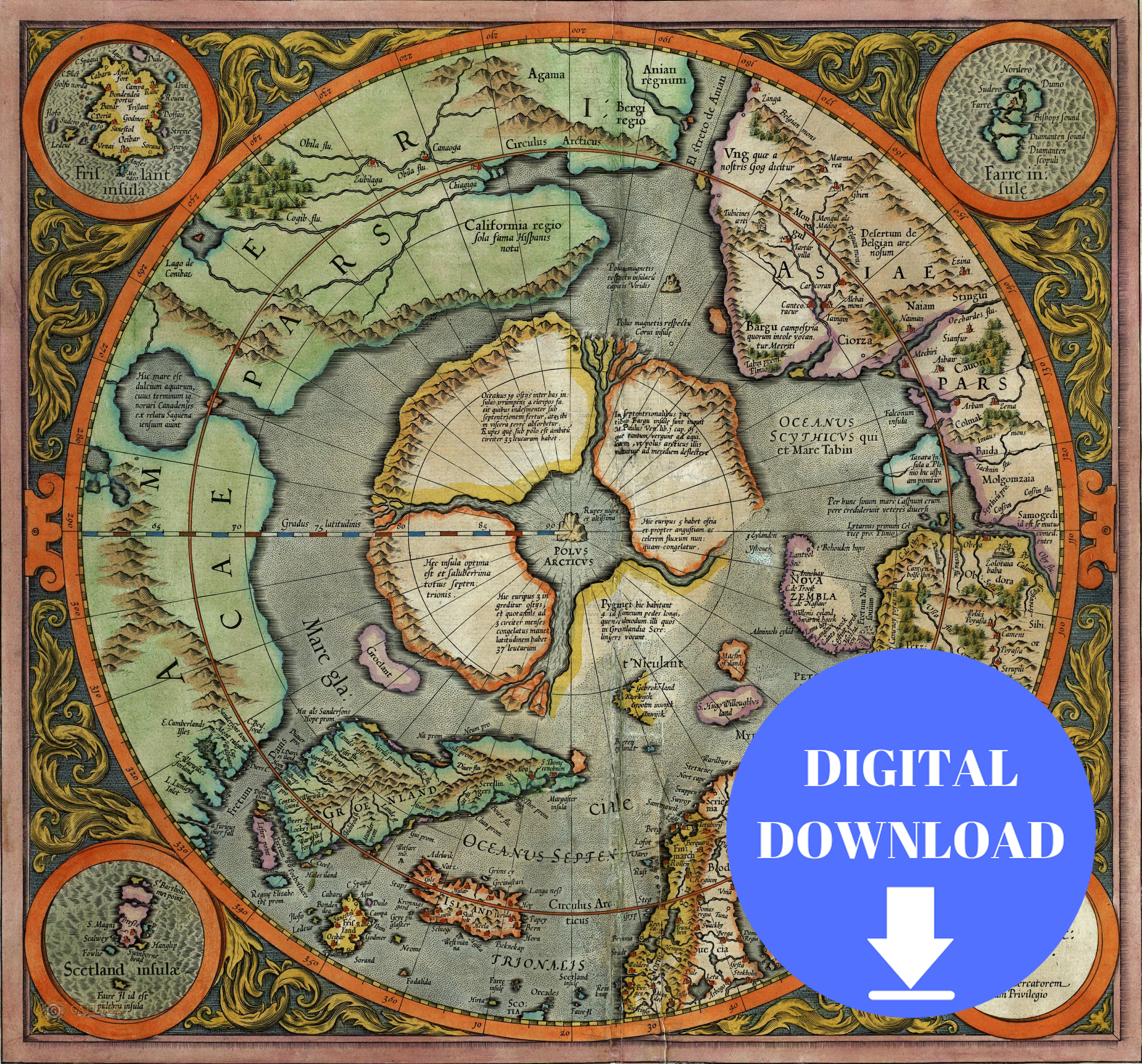 North Pole Map, Digital Map Print, Printable Map Art, Vintage Map Print ...