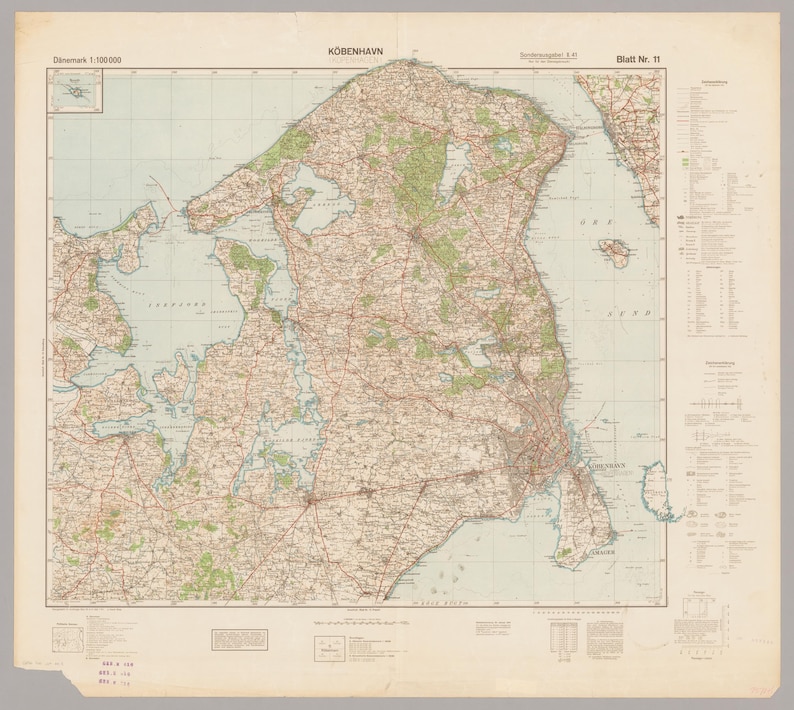 Old 1941 Copenhagen Map, Denmark Poster, Original Topographic Military ...