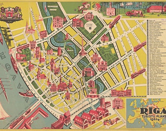 Riga Map - Old Map of Riga - Latvia Map Wall Decor - Europe Map - Map ...