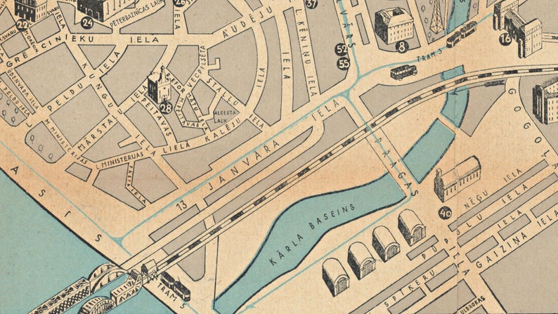 Riga Map, Retro Riga Plan, Old Map of Riga, Vintage Latvia Map, Latvia ...