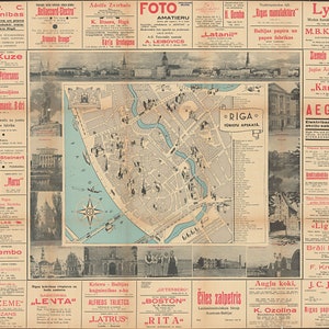 Riga Map, Retro Riga Plan, Old Map of Riga, Vintage Latvia Map, Latvia ...