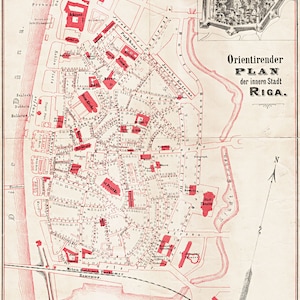 Riga Map - Old Map of Riga - Latvia Map Wall Decor - Europe Map - Map ...