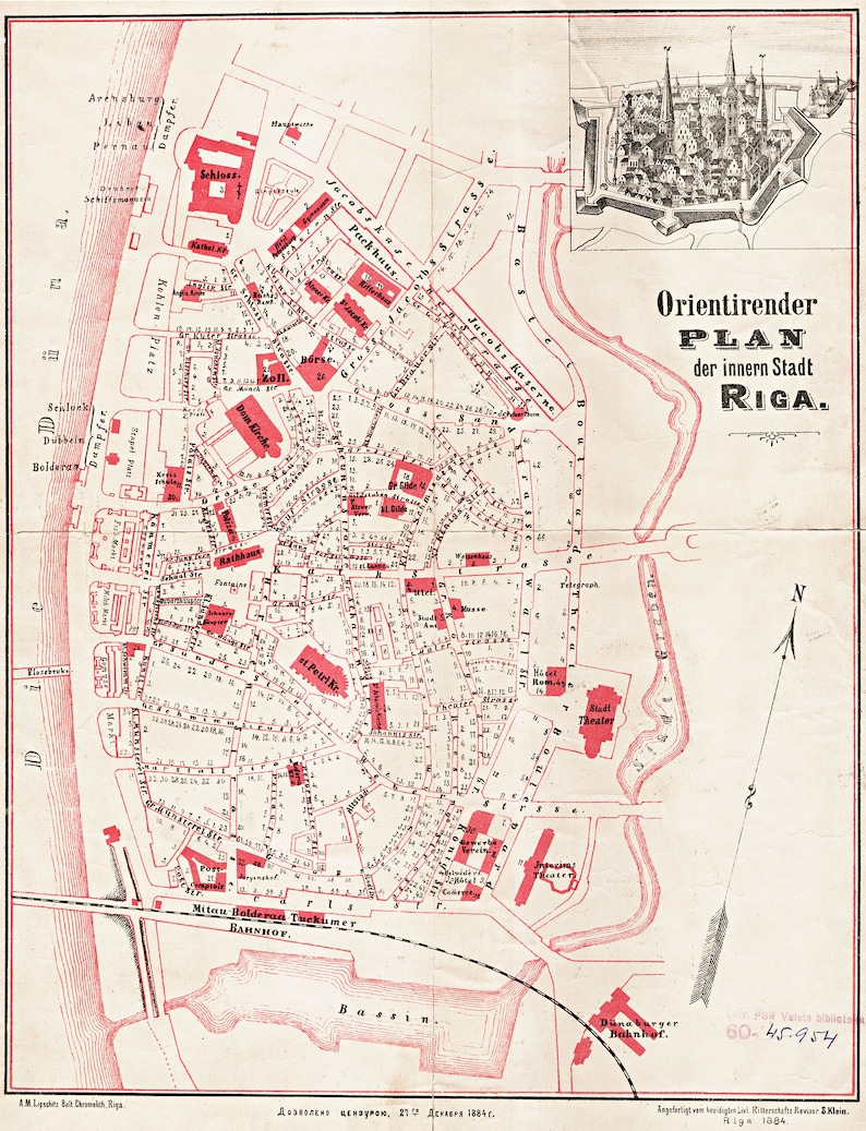 Riga Map - Old Map of Riga - Latvia Map Wall Decor - Europe Map - Map ...