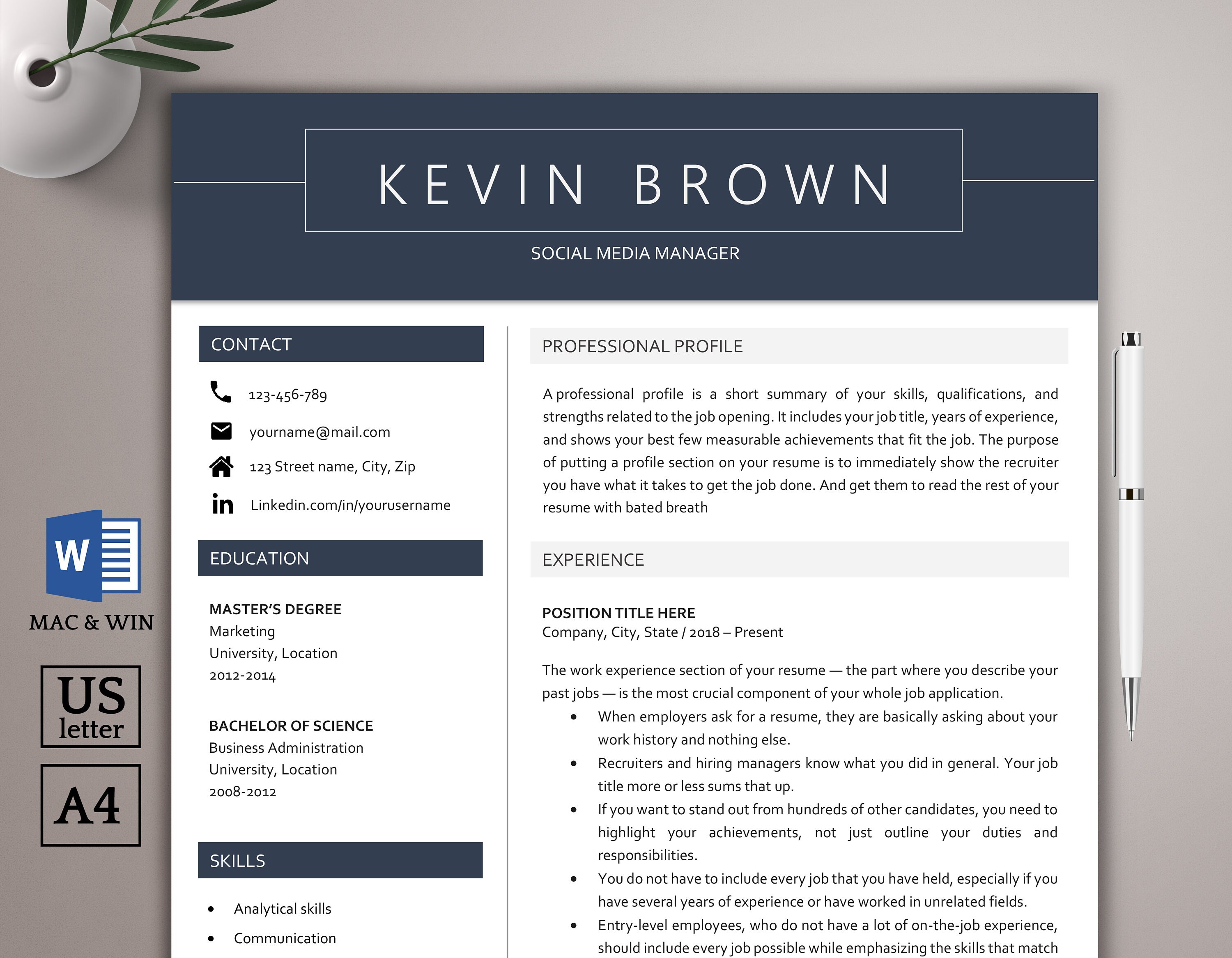 1 2 page Professional Resume Template for word Modern Resume | Etsy