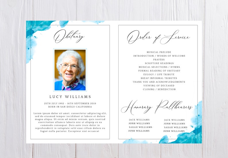 Watercolor Blue Sky Funeral program template and Order of | Etsy