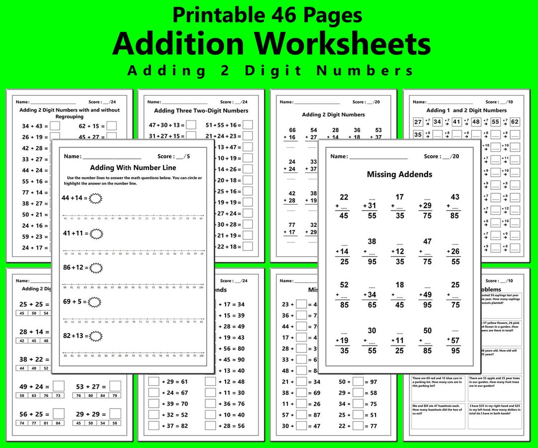 Addition 2 Digit Numbers Worksheets Printable 46 PDF Pages - Etsy