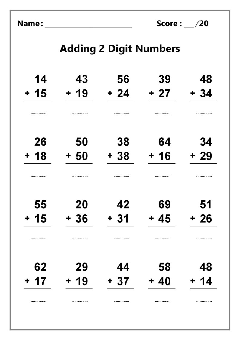 Addition 2 Digit Numbers Worksheets Printable 46 PDF Pages - Etsy