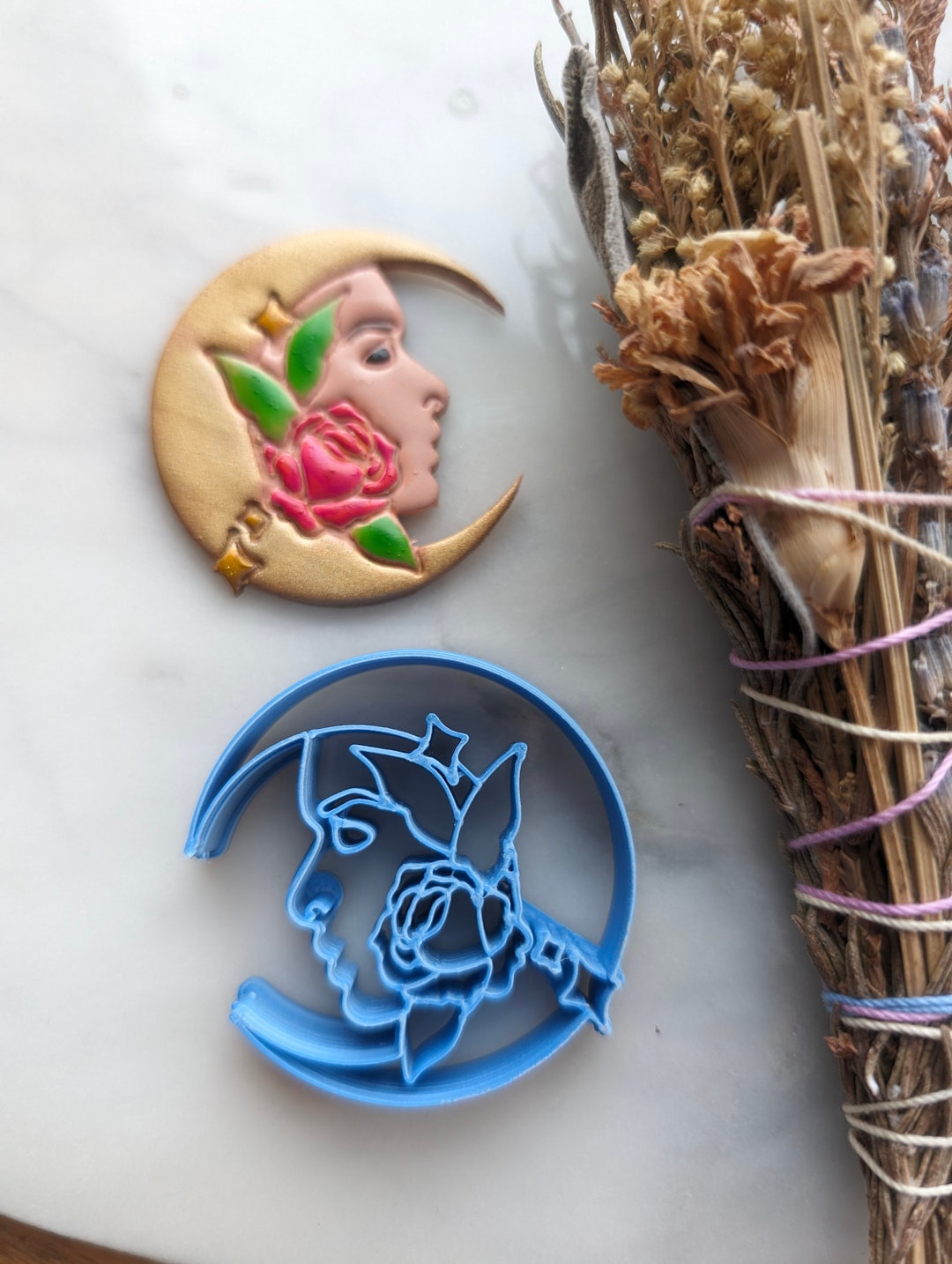 Face and Flowers on Crescent Moon Sharp Embossed Earring Clay Cutter - Etsy
