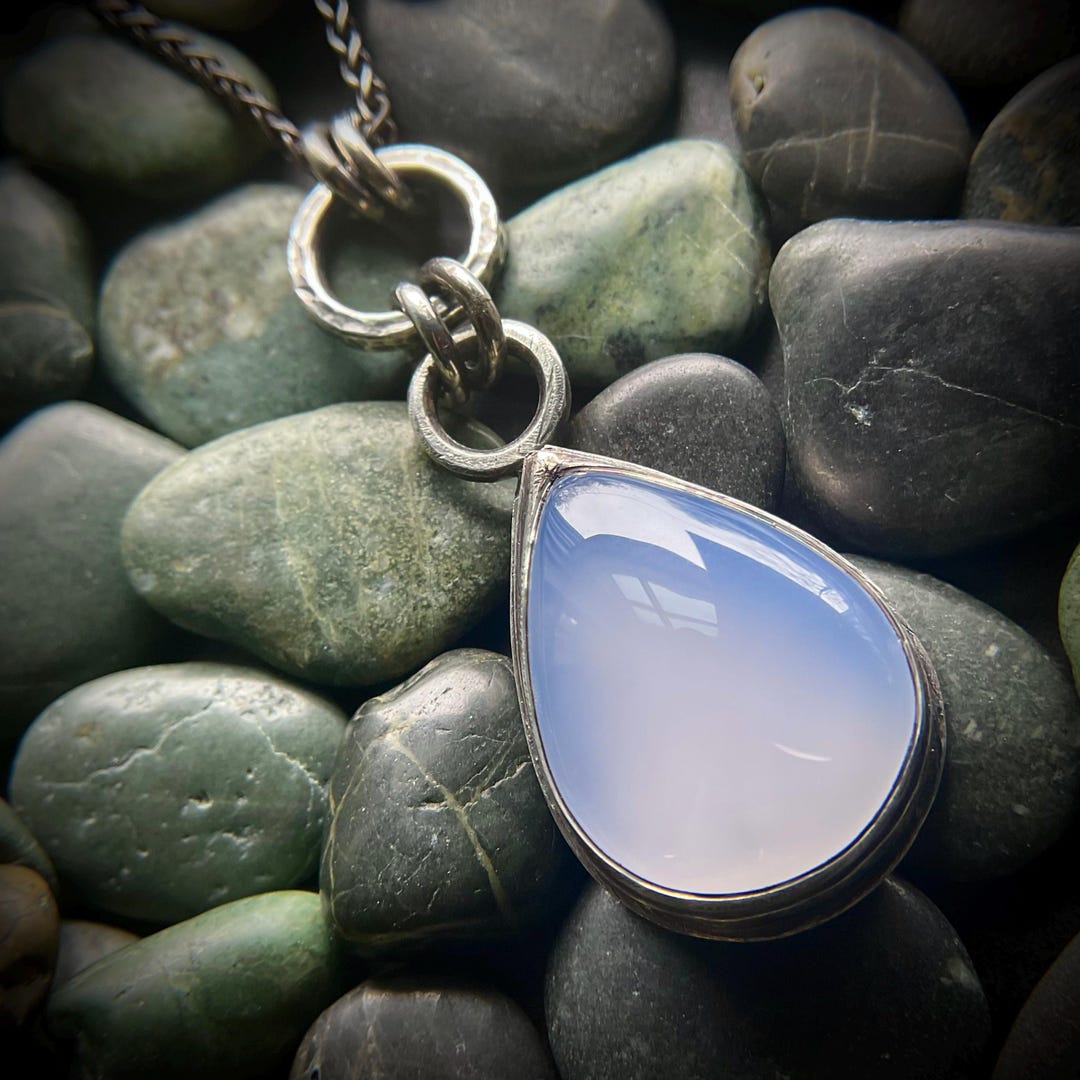 Moondrop Pendant— Hand Forged Silver With Blue Mist Chalcedony - Etsy