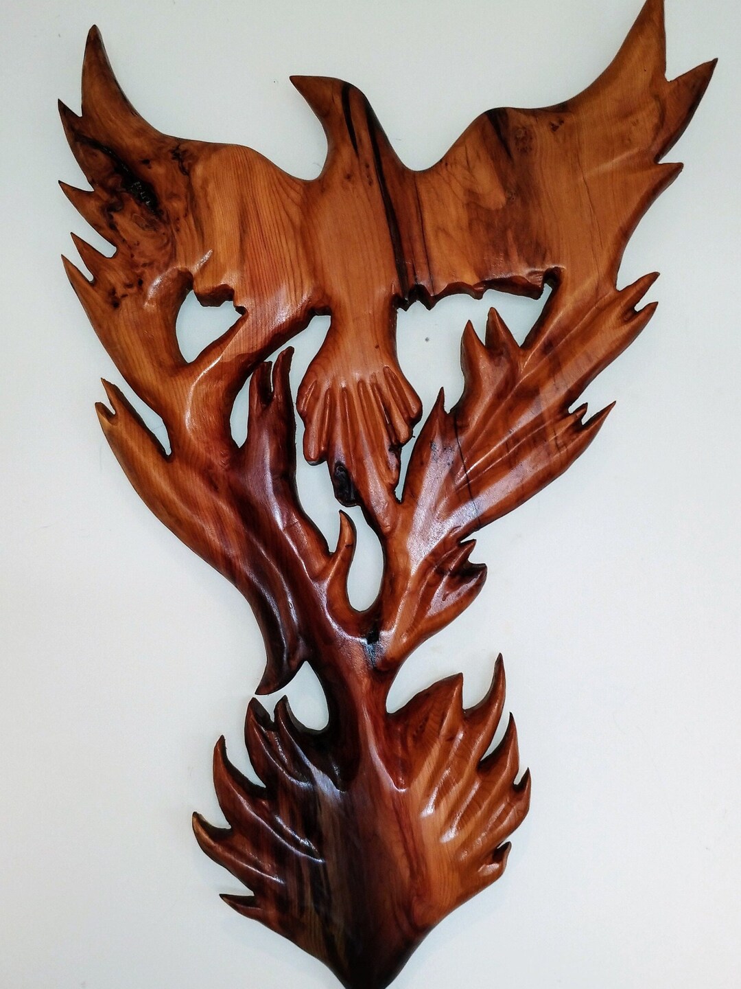 Phoenix Wood Carving Yew Tree Wall Art Solid Hanging XL 3D Hand Carved ...