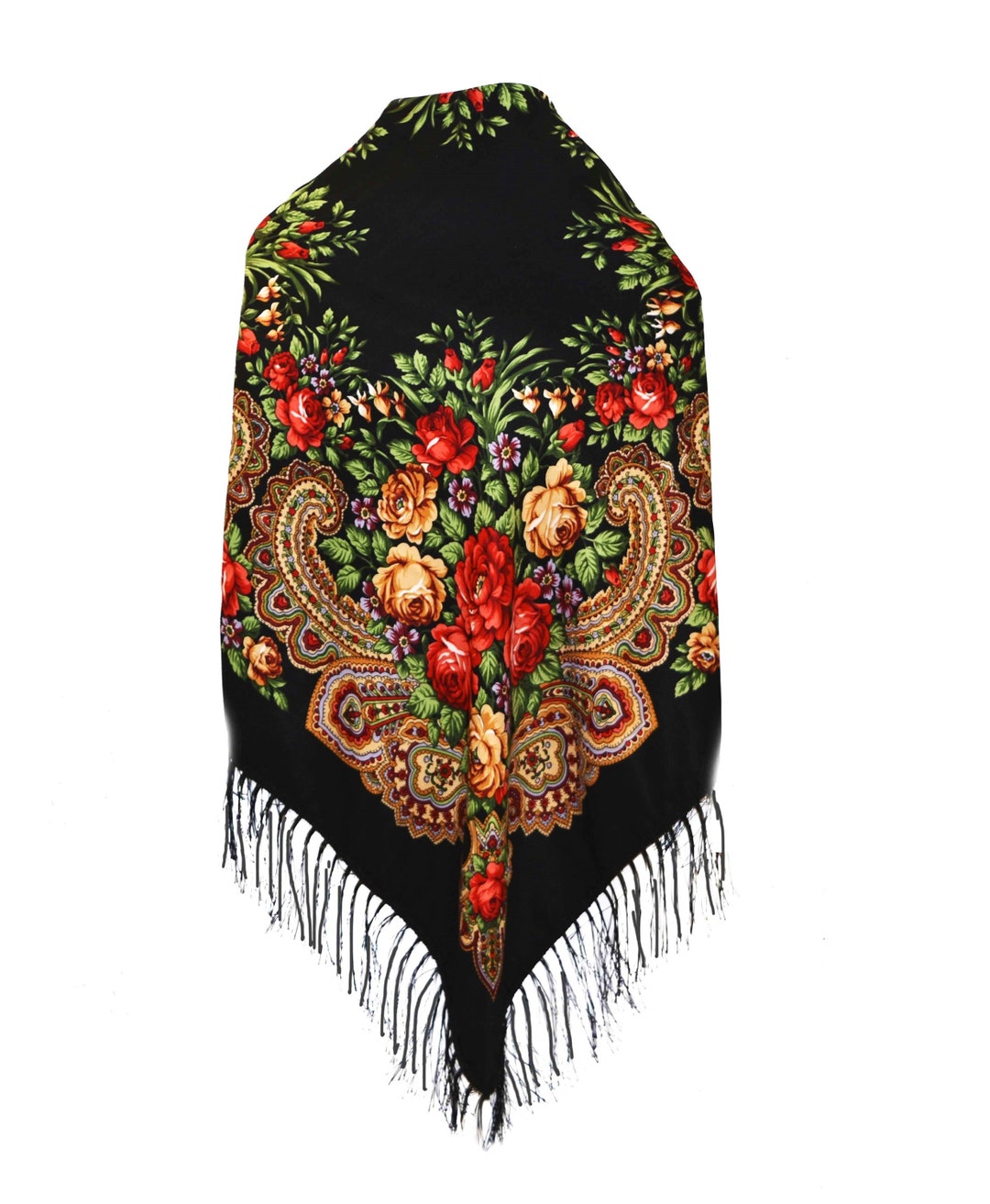 Discount! Romanian Black Square Scarf With Roses. Big Size Women ...