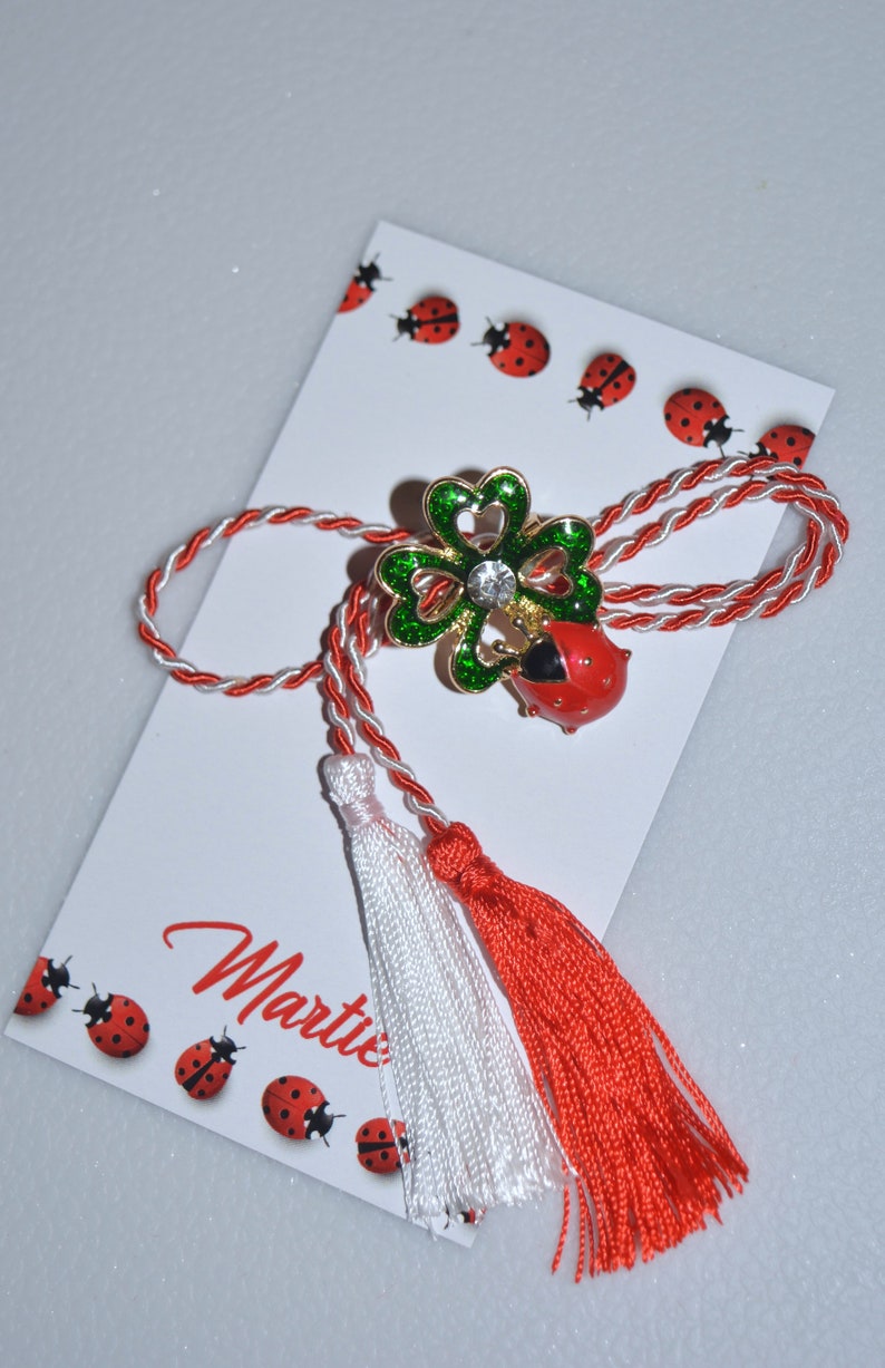 Martishor With Lucky Clover and Ladybug. Handmade Red White String of ...