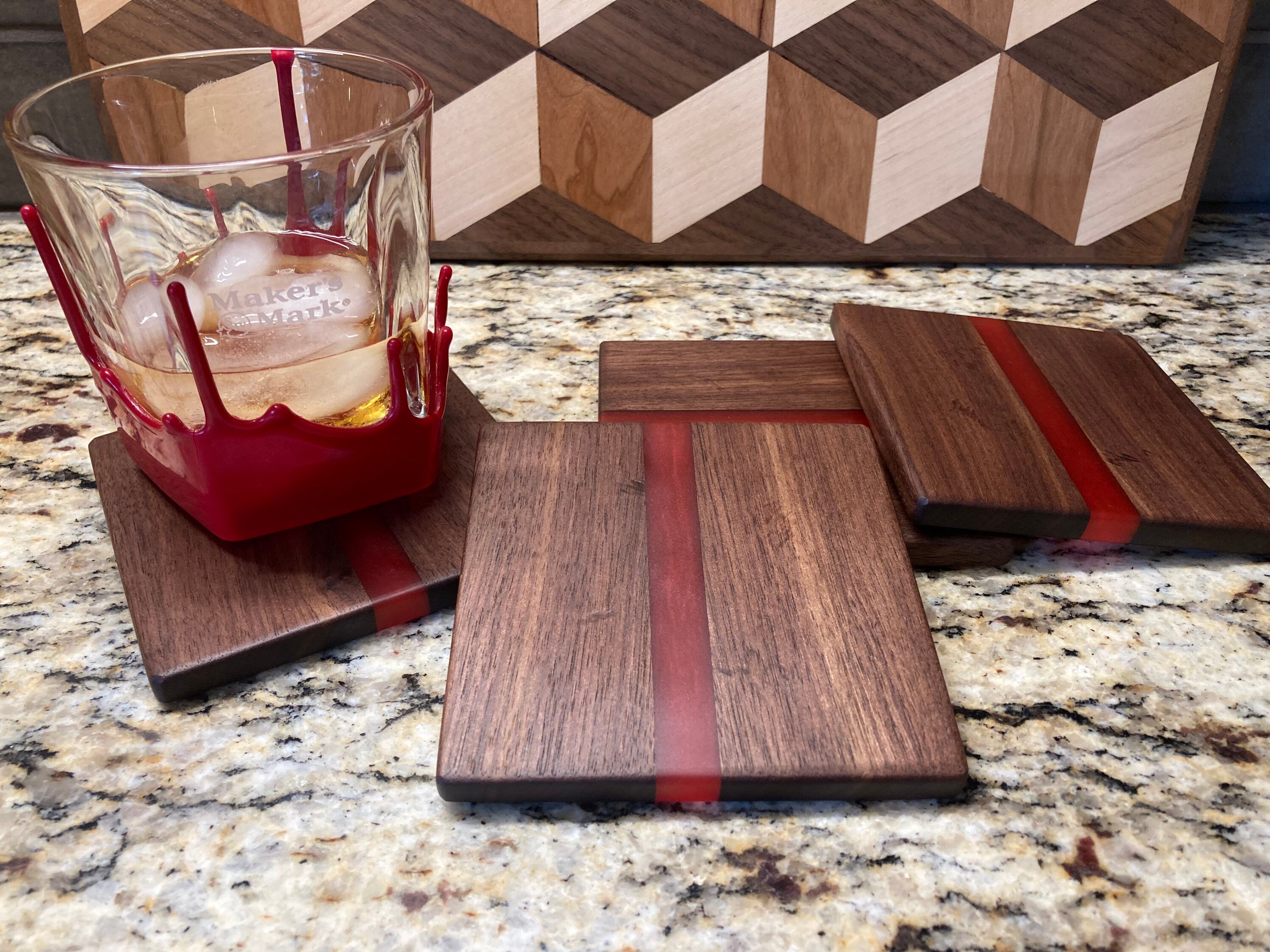 Thin Red Line Walnut and Epoxy Coster Set 4. - Etsy
