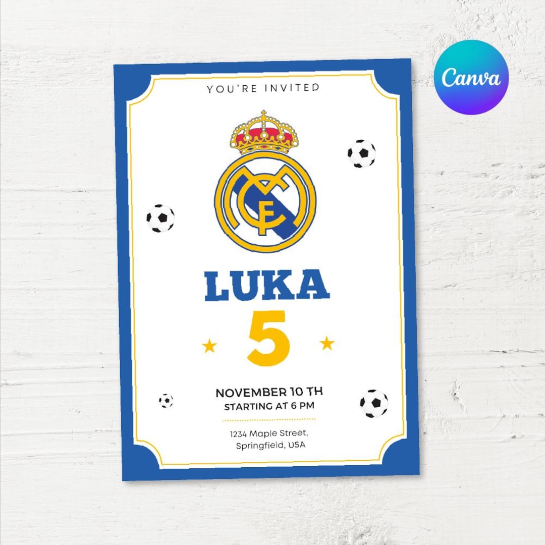 Real Madrid Birthday Invitation Editable in Canva – Digital Football ...