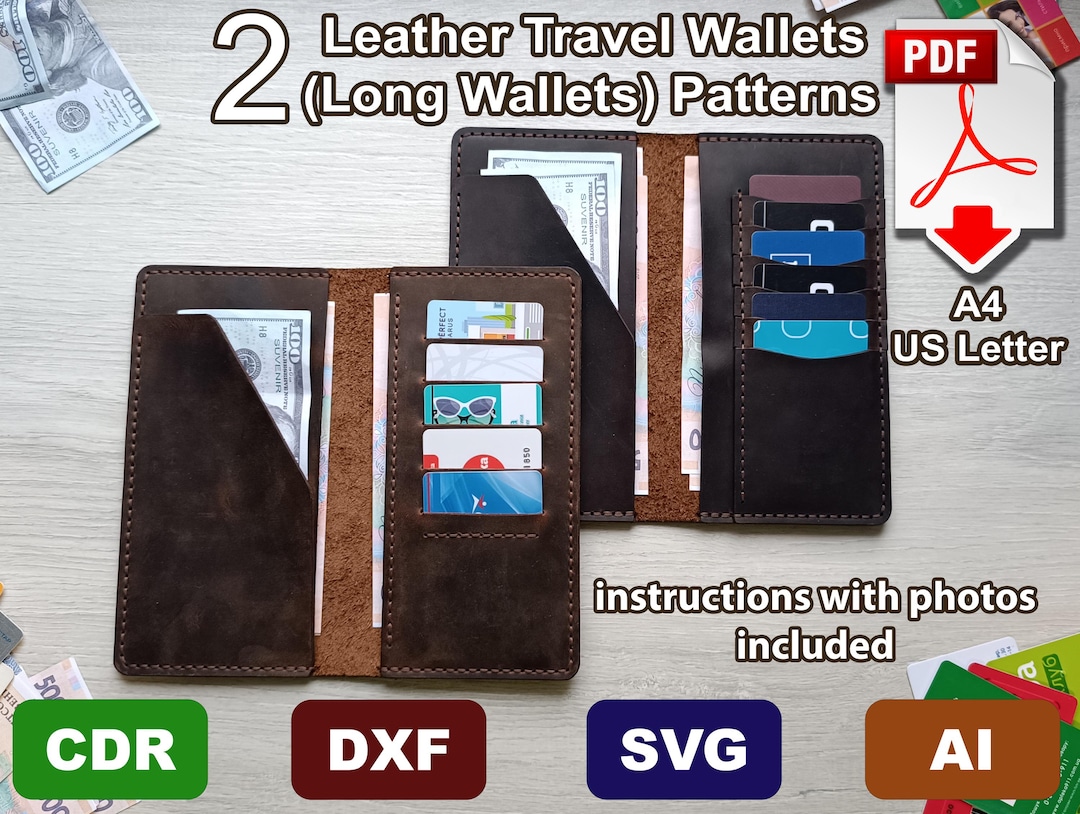 2 Leather Long Wallet Patterns - Leather Travel Wallet Pattern Set ...