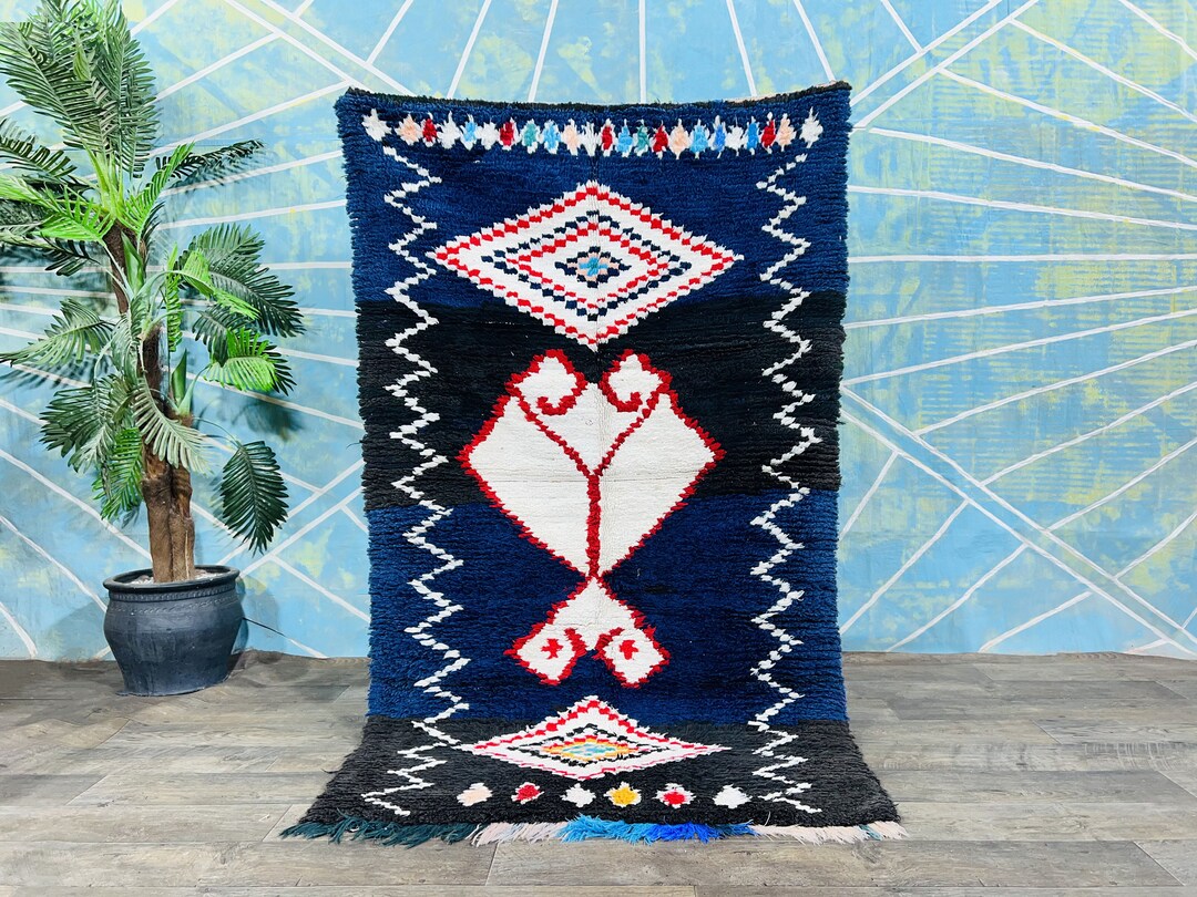 Blue Moroccan Berber Rug, Wool Rug, Bohemian Rug, Boucherouite Rug ...