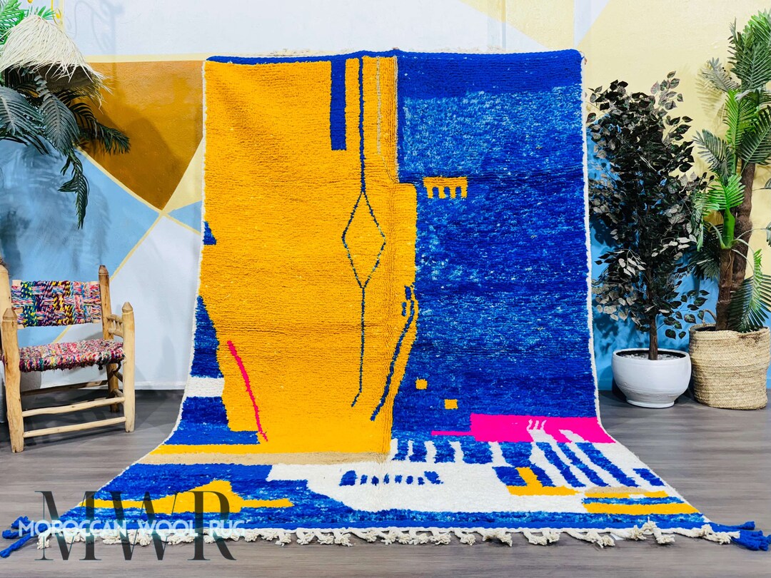 Beni Ourain Rug, Blue and Yellow Rug, Woven Rug, Unique Geometric Rug ...