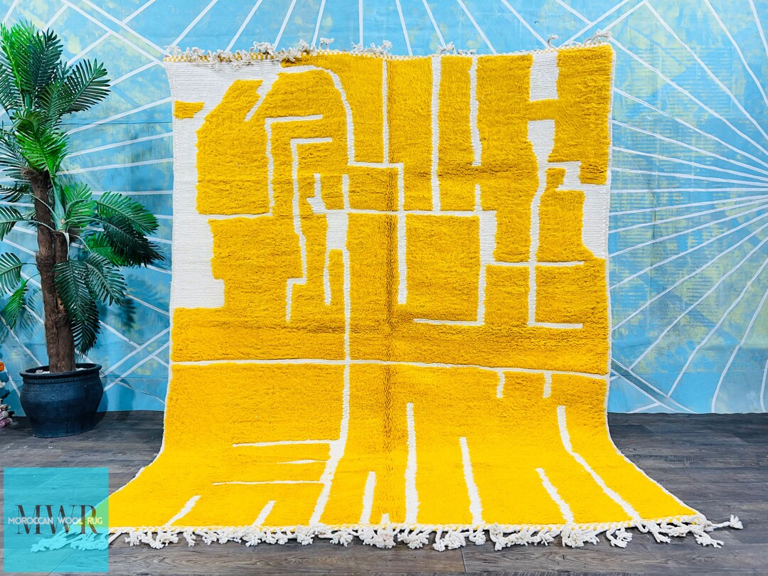 Yellow Moroccan Rug, Tufted Yellow and White Wool Rug, Custom Moroccan ...