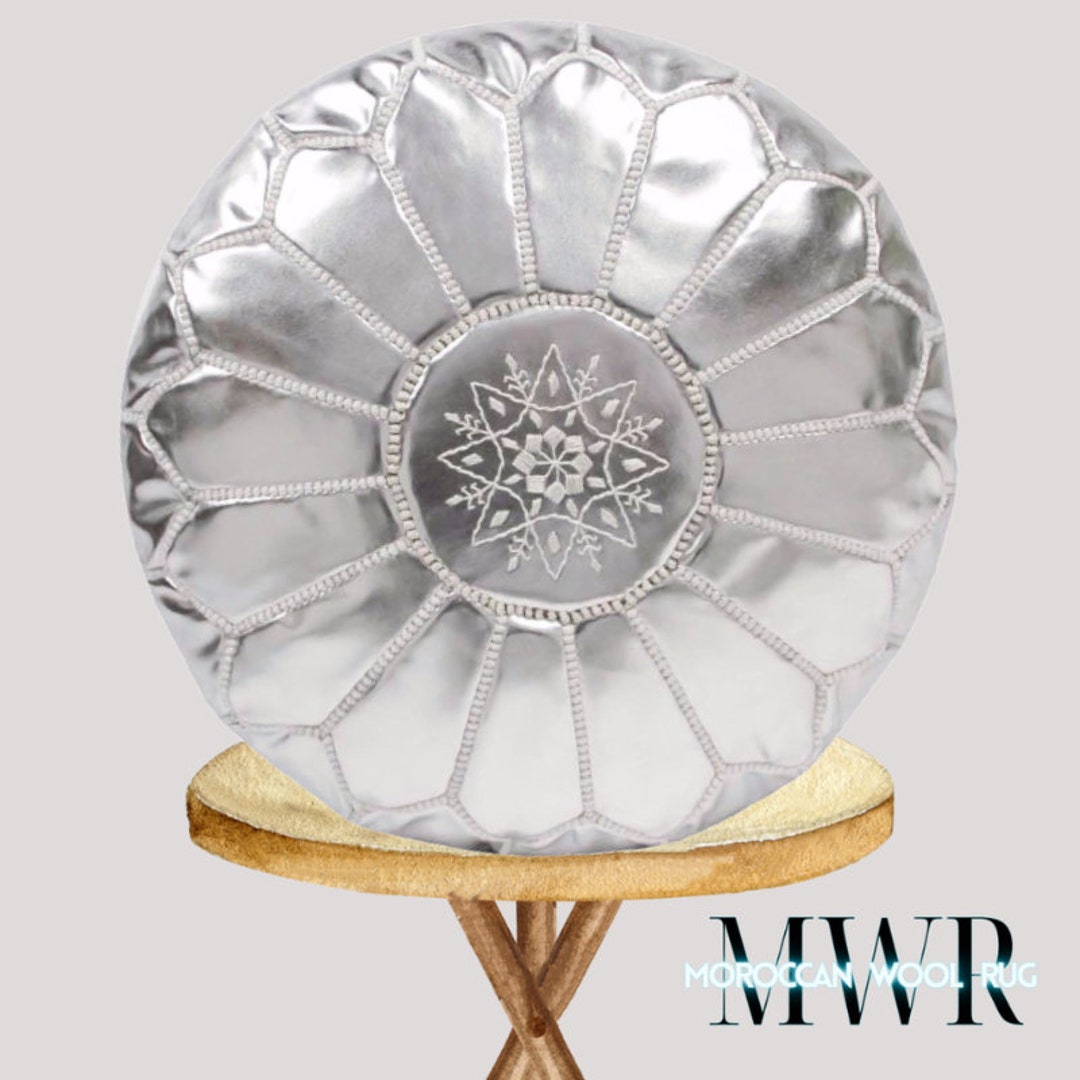 Moroccan Leather Pouf, Round Pouf, Berber Pouf, Silver Pouf, Ottoman ...