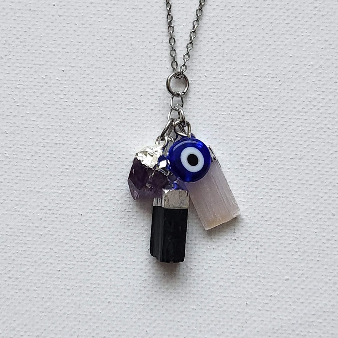 Mini Raw Tourmaline,evil Eye,selenite,amethyst Protection Necklace ...