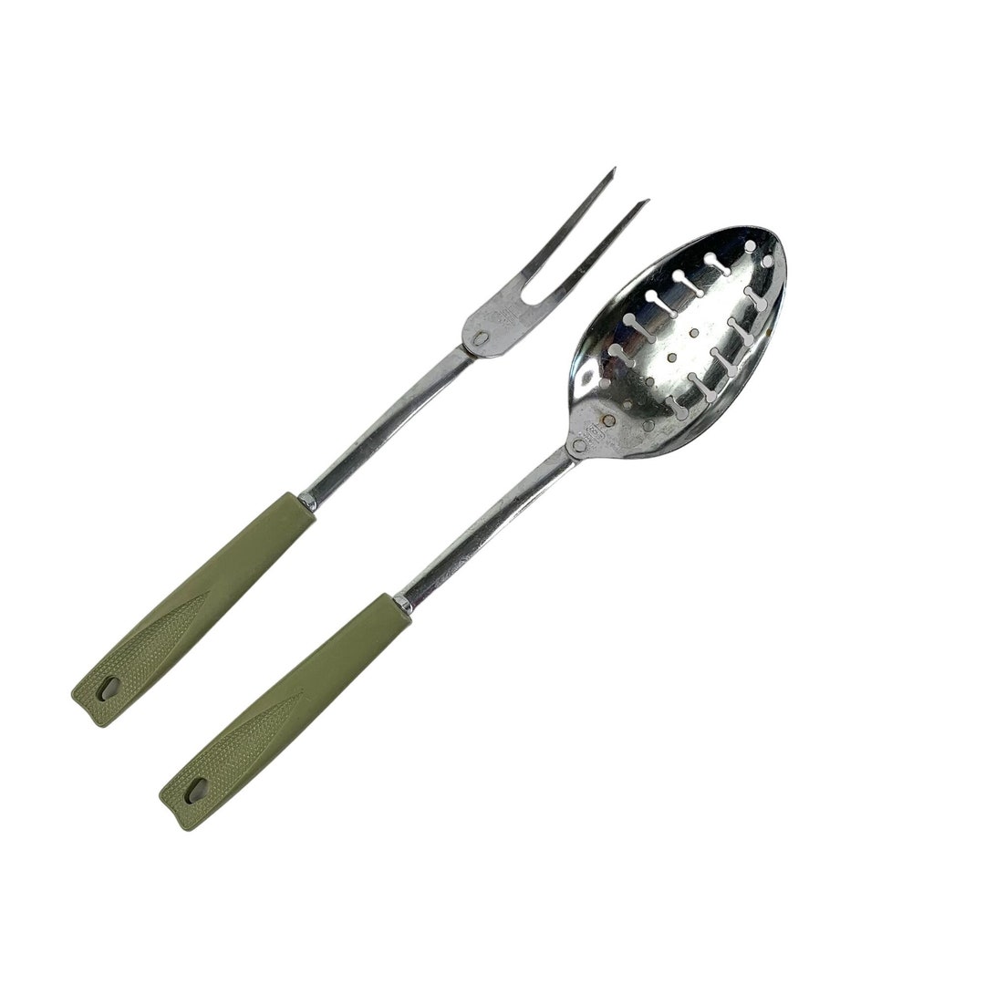 Olive Green Ekco Long Green Handled Slotted Spoon Carving Fork Kitchen ...