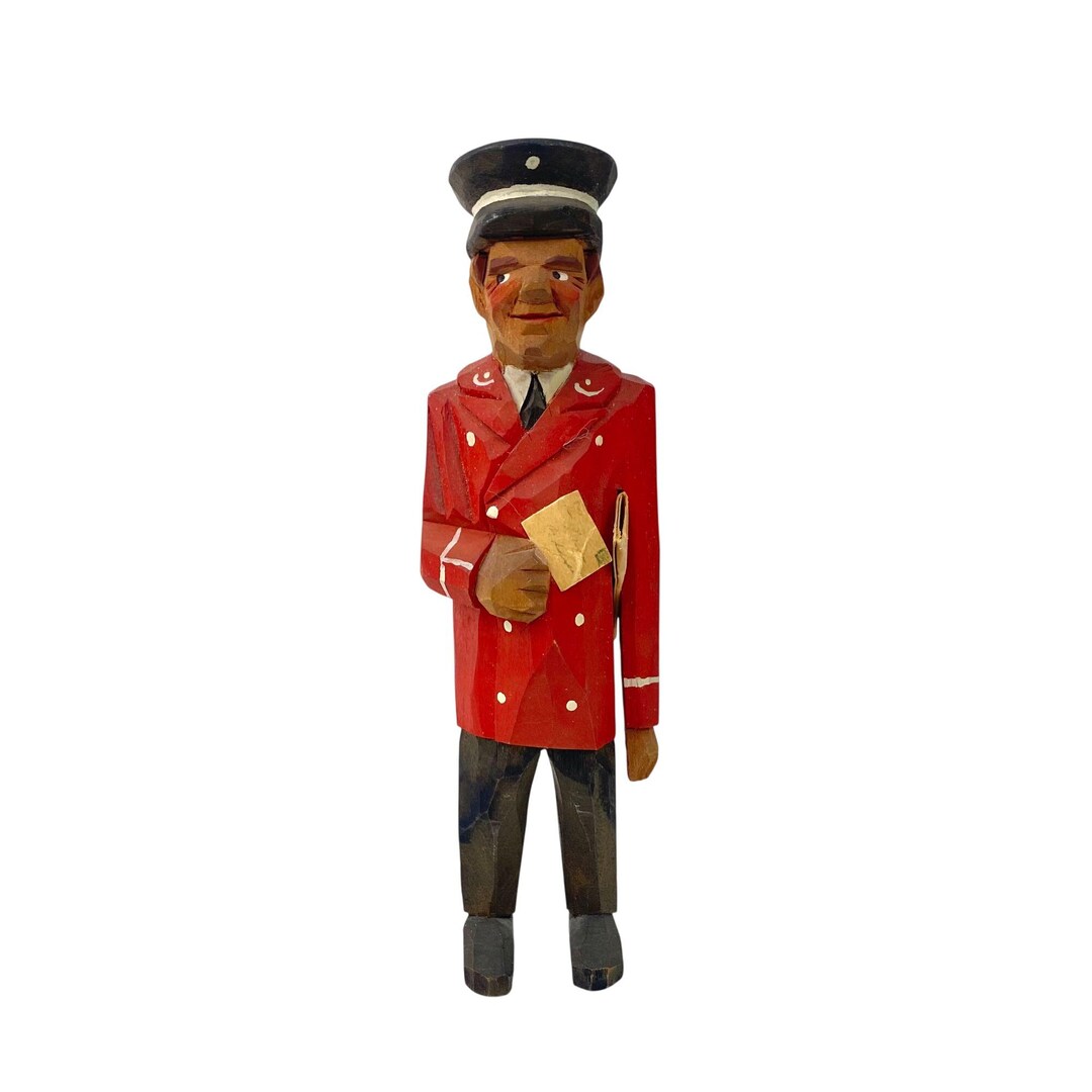 Hand Carved Wood Postman Danish Bellman Figure Mailman Mail Carrier Red ...