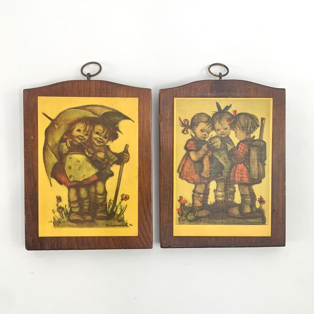 Hummel Figure Vintage Wood Wall Plaques Boy Girl Umbrella Young Girls ...