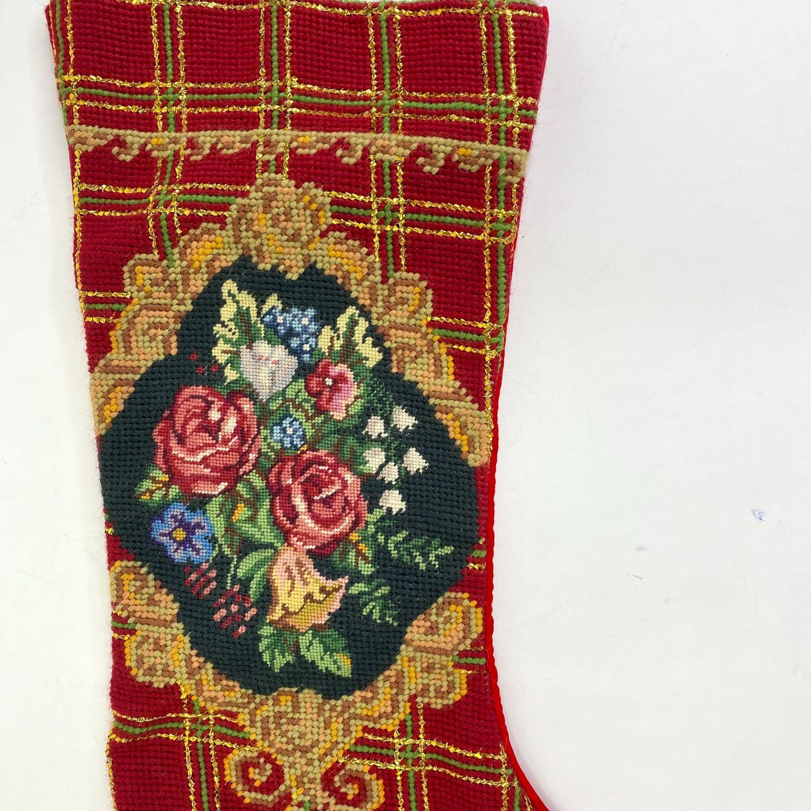 Victorian Roses and Plaid Design Needlepoint Red Velvet Stocking ...