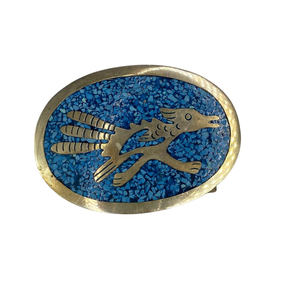 Turquoise Roadrunner Bird Vintage Silver and Brass Belt Buckle Mexico ...