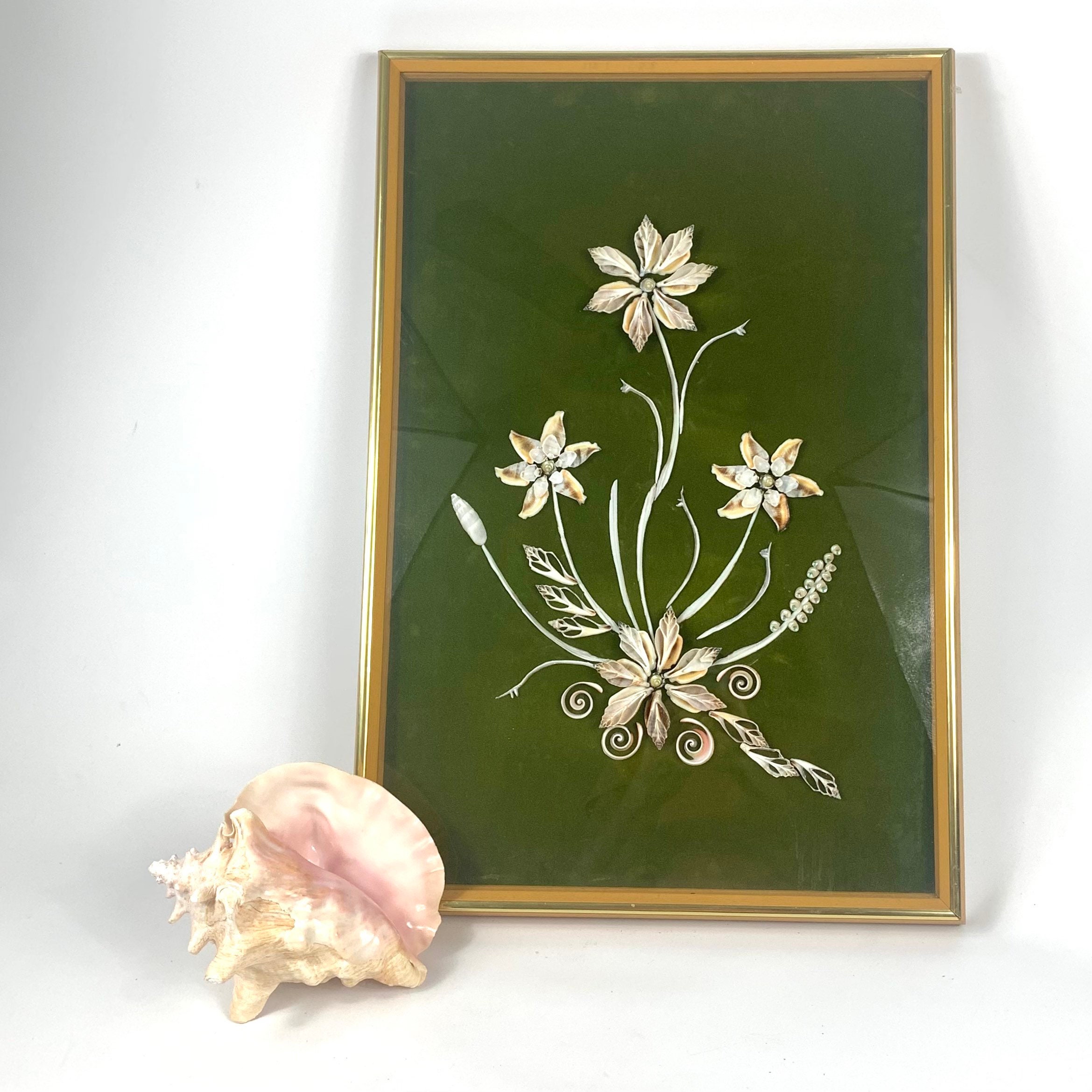 Large Framed Seashell Flowers Wall Art on Velvet 70s Vintage - Etsy
