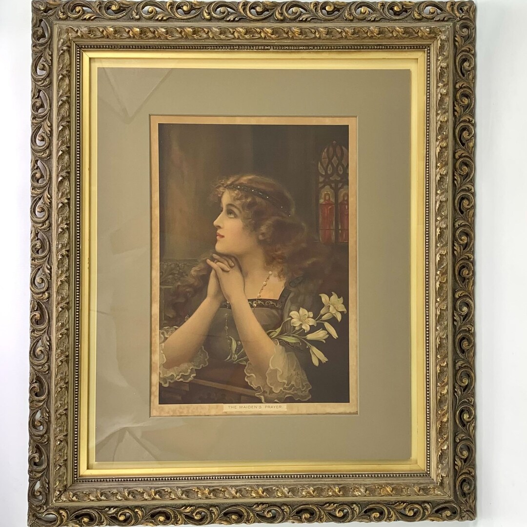 Maiden's Prayer Antique Lithograph 25x30 Ornate Carved Frame Victorian ...