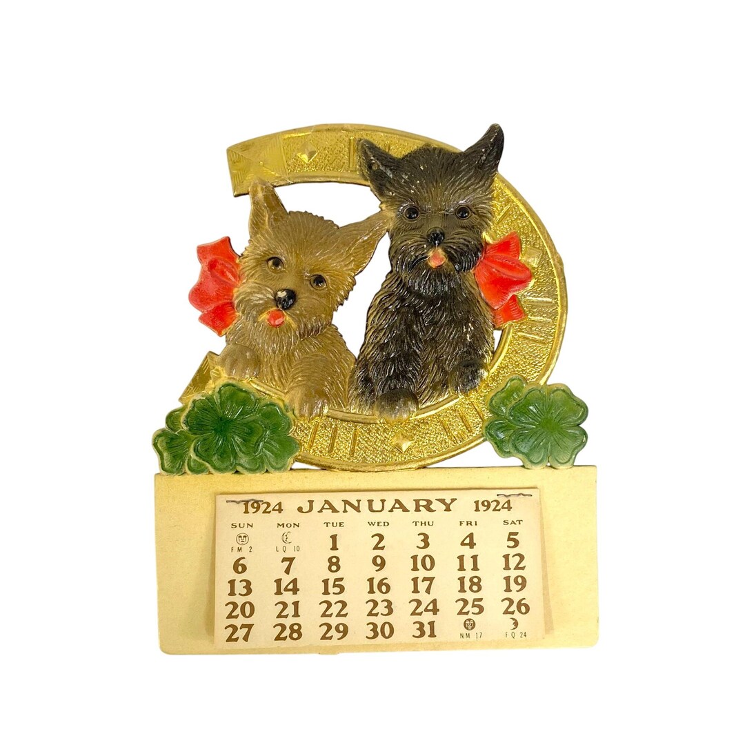 German Antique Embossed Die Cut Calendar 1924 Terrier Dogs Horseshoe ...