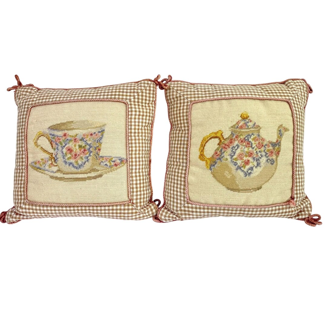 Shabby Needlepoint and Gingham Teapot and Teacup Throw Pillows Accent ...