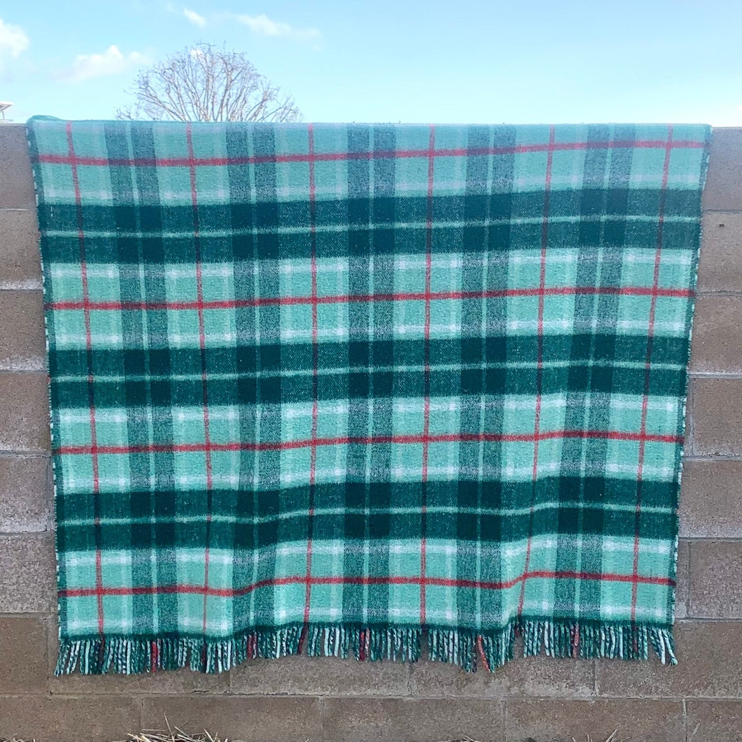 Green Shadow Plaid Thick Woven Cotton Fringed Blanket 70x86 Vintage ...