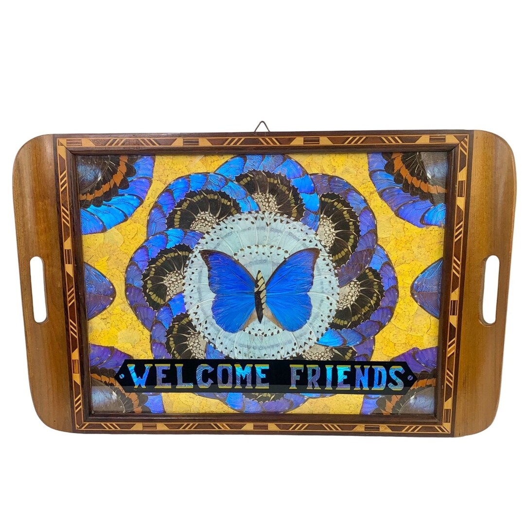 Real Butterfly Wing Mosaic Vtg Tray Welcome Friends Wood Inlay ...