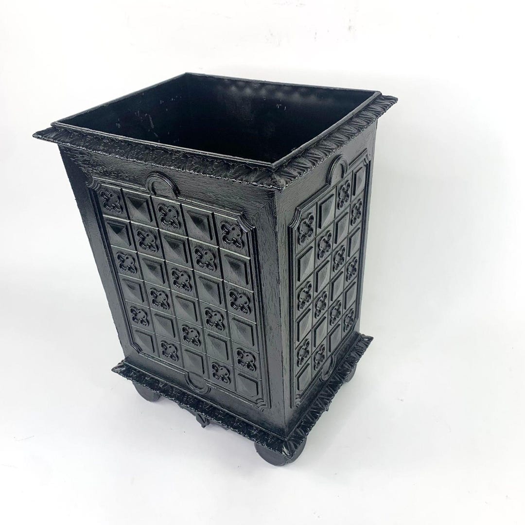 Mid Century Faux Wood Waste Paper Basket Black Plastic Hollywood ...