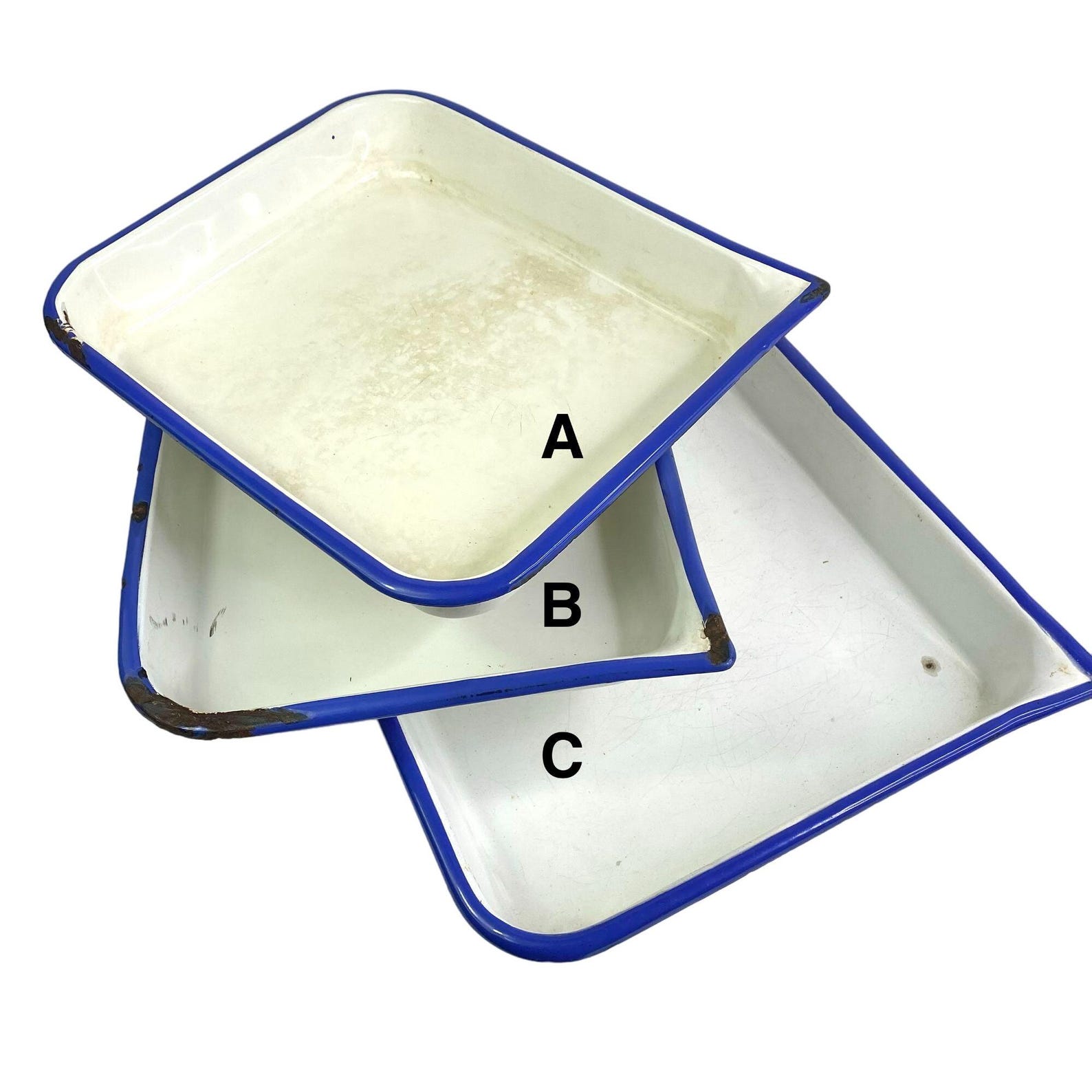 Industrial Vtg White Blue Porcelain Enamelware Trays Photographic ...