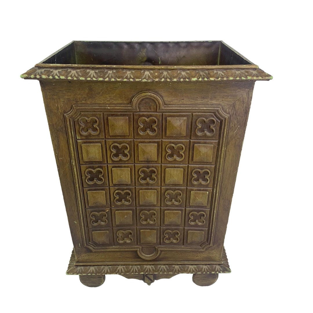 Mid Century Faux Wood Waste Paper Basket Brown Plastic Hollywood ...