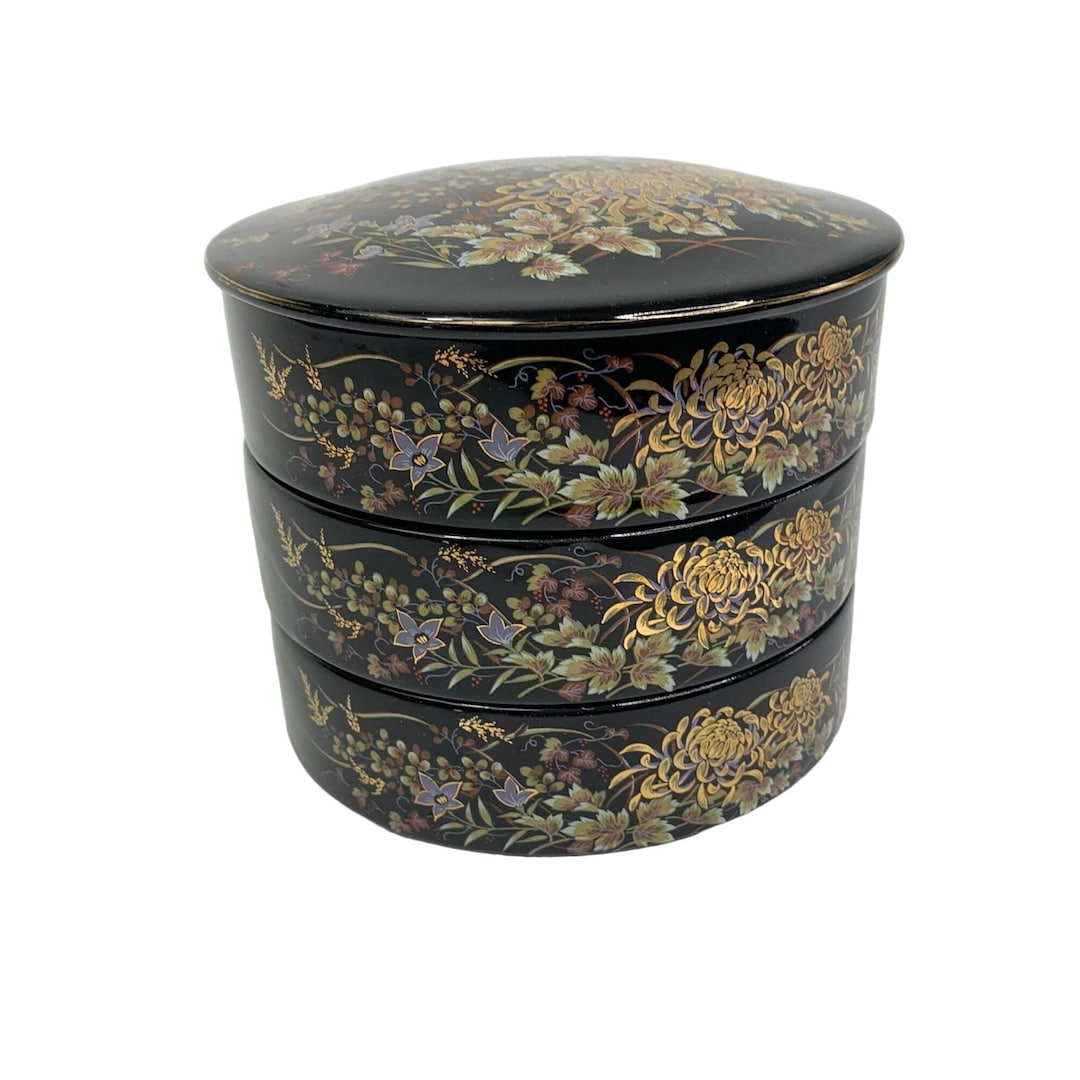 Black Ceramic Bento Box Imperial Kiku Japanese Stacking Jewelry Trinket ...