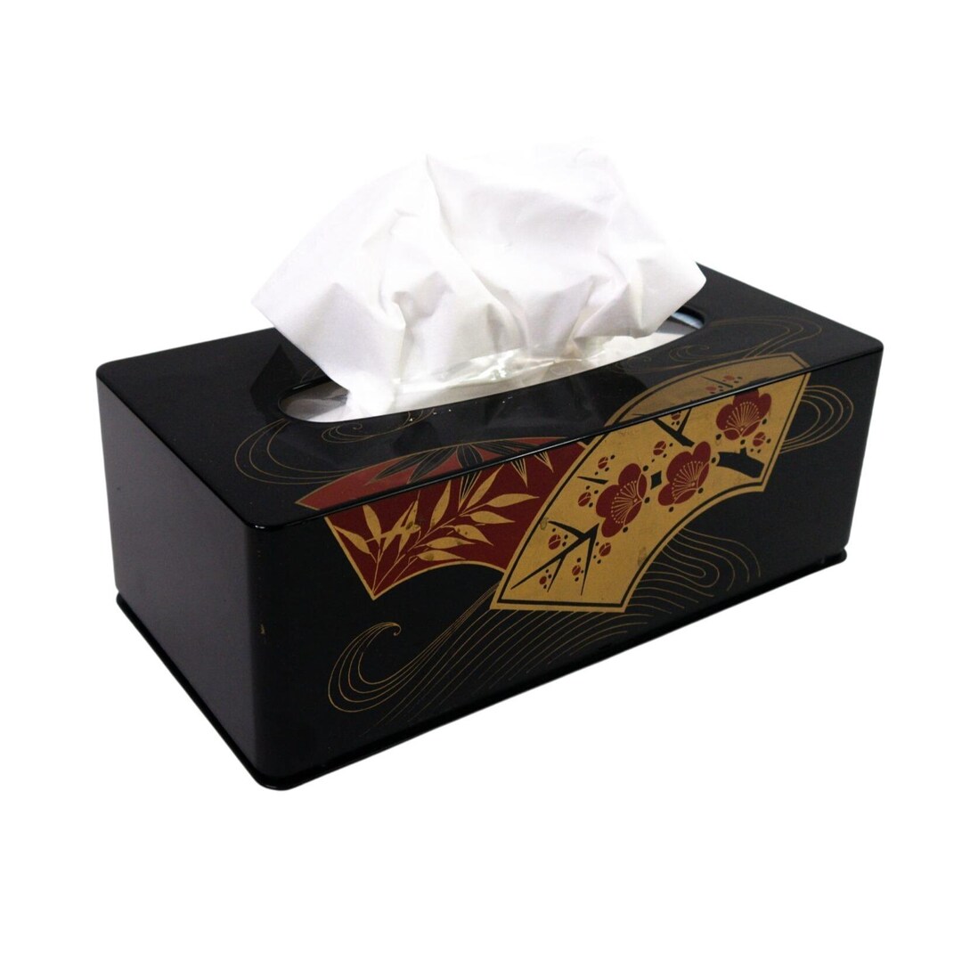 Black Gold Lacquer Ware Tissue Box Cover Vintage Japan Cherry Blossom ...
