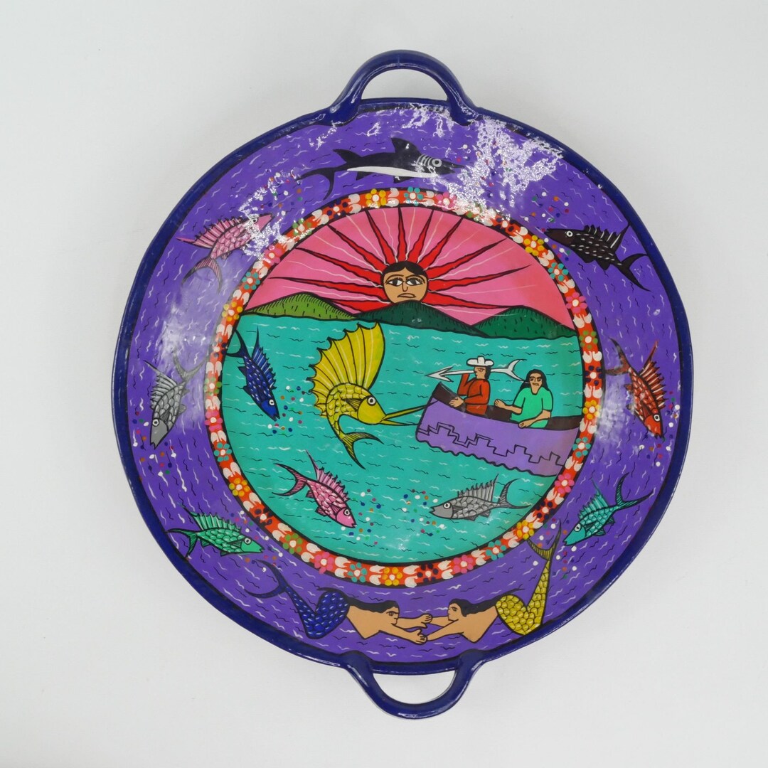 Large Hand Painted Mexican Terra Cotta Platter Bright Talavera Signed ...
