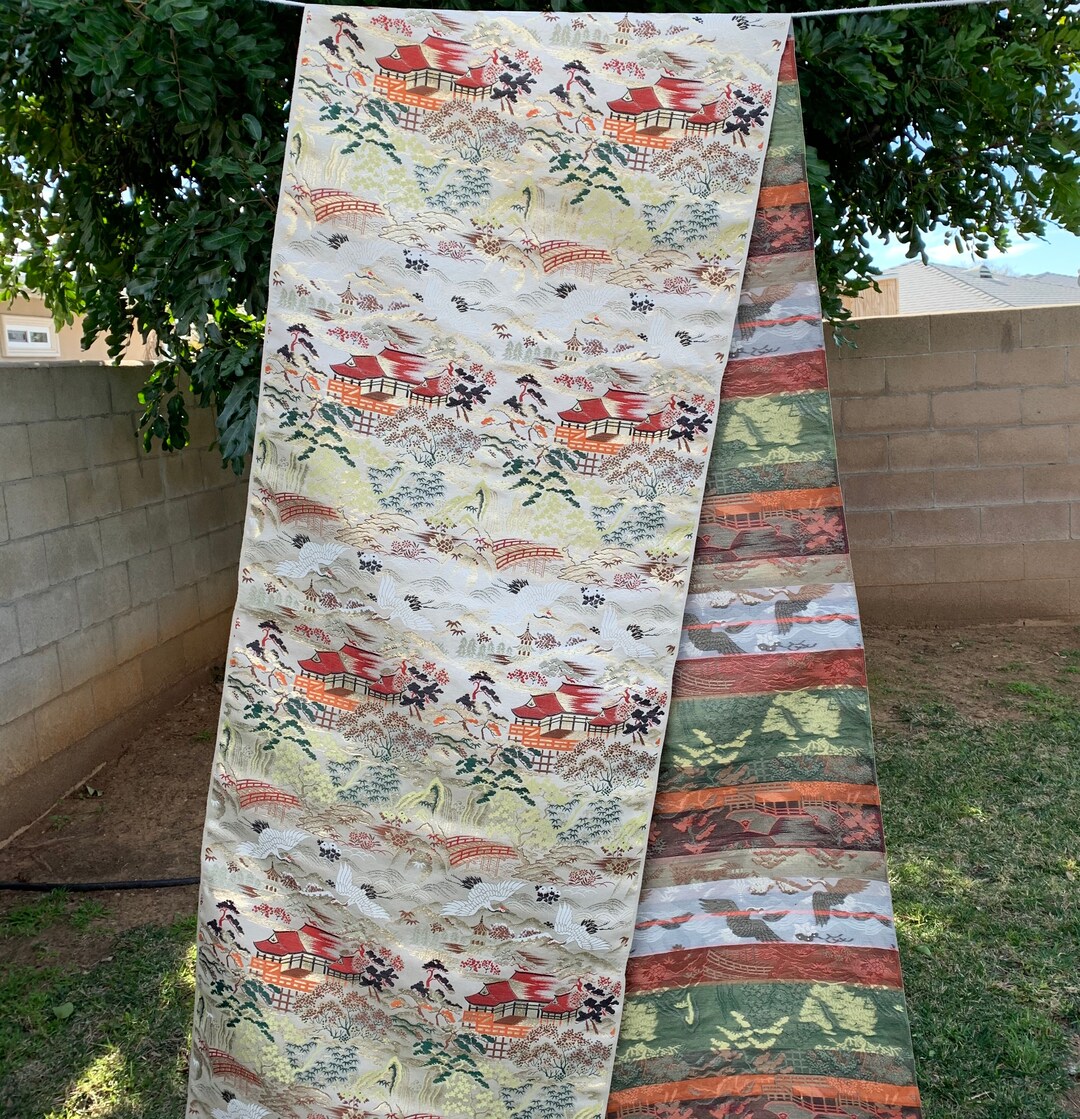 Woven Silk Japanese Fabric Panel Cranes Bridges Tea House Trees - Etsy