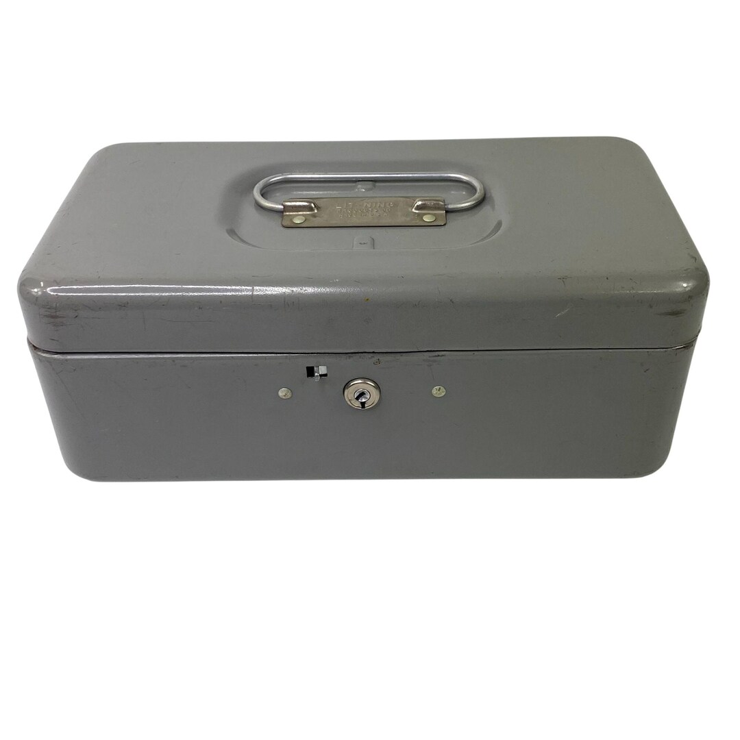 Midcentury Industrial Gray Metal Cash Box With Lock and Key Storage Lit ...