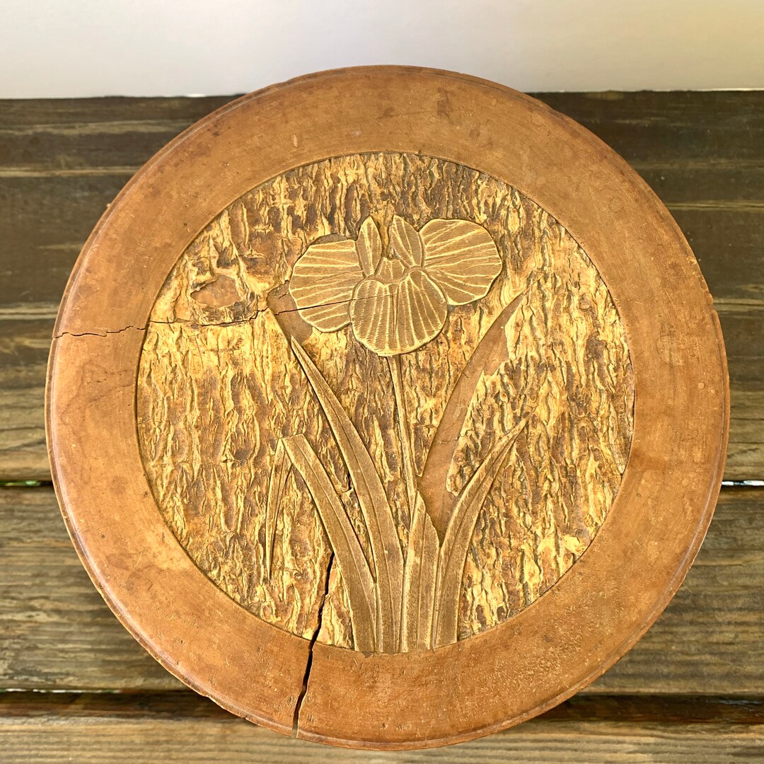 Hand Carved Iris Wood Sewing Box Antique Round Container With Lid - Etsy