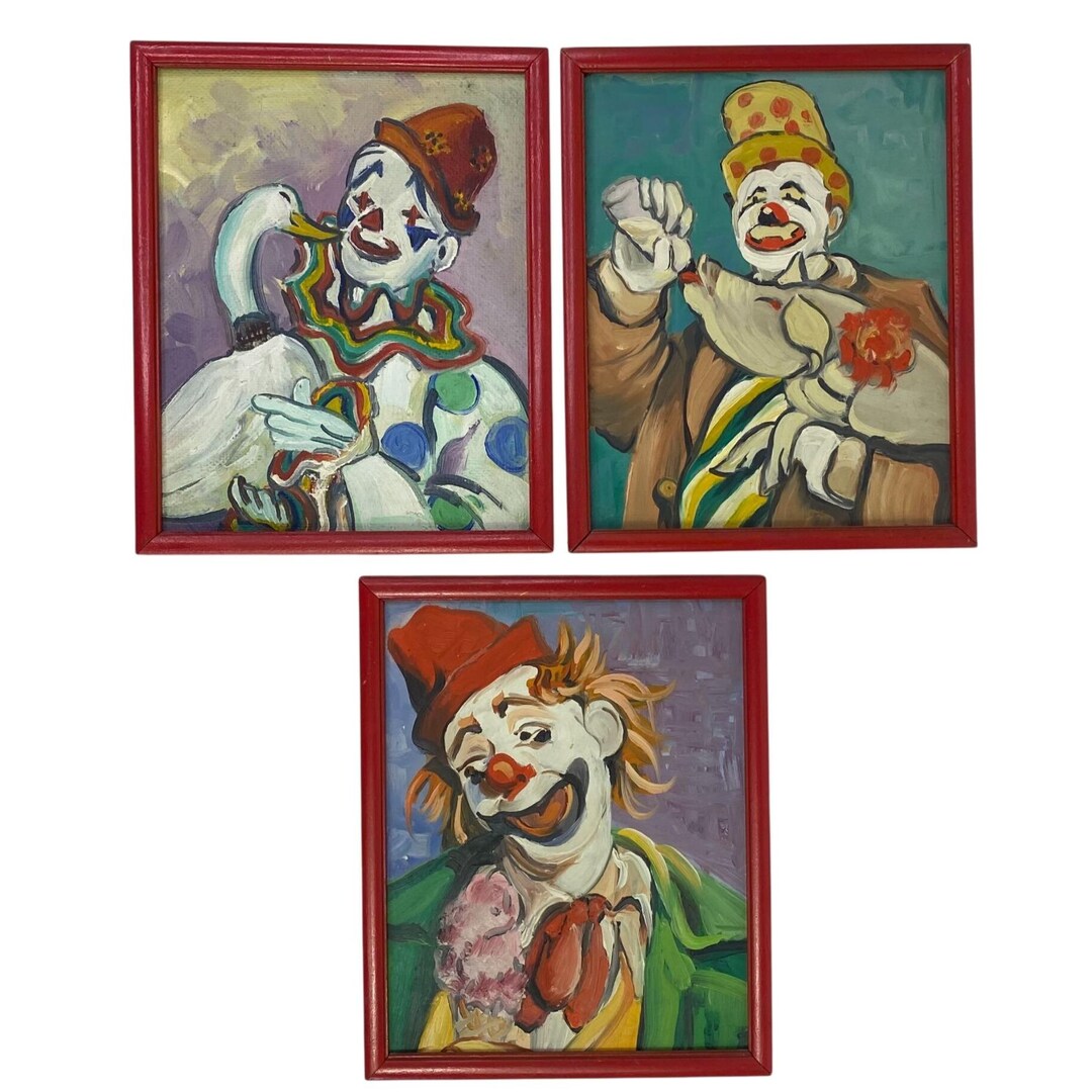 Original Framed Clown Oil Paintings Vintage Set of Three Framed ...