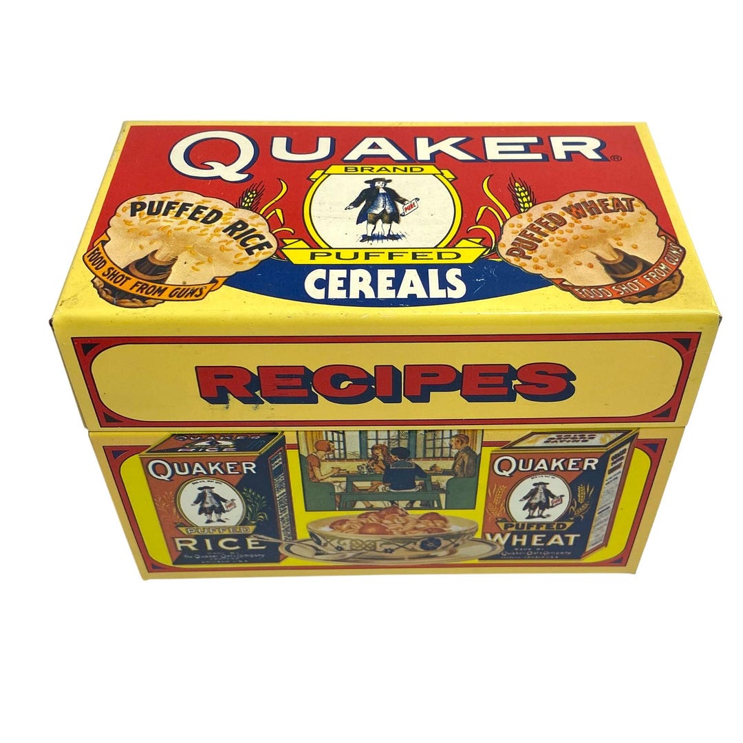 Quaker Puffed Cereals Metal Tin Recipe Box 1983 Vintage Advertising ...