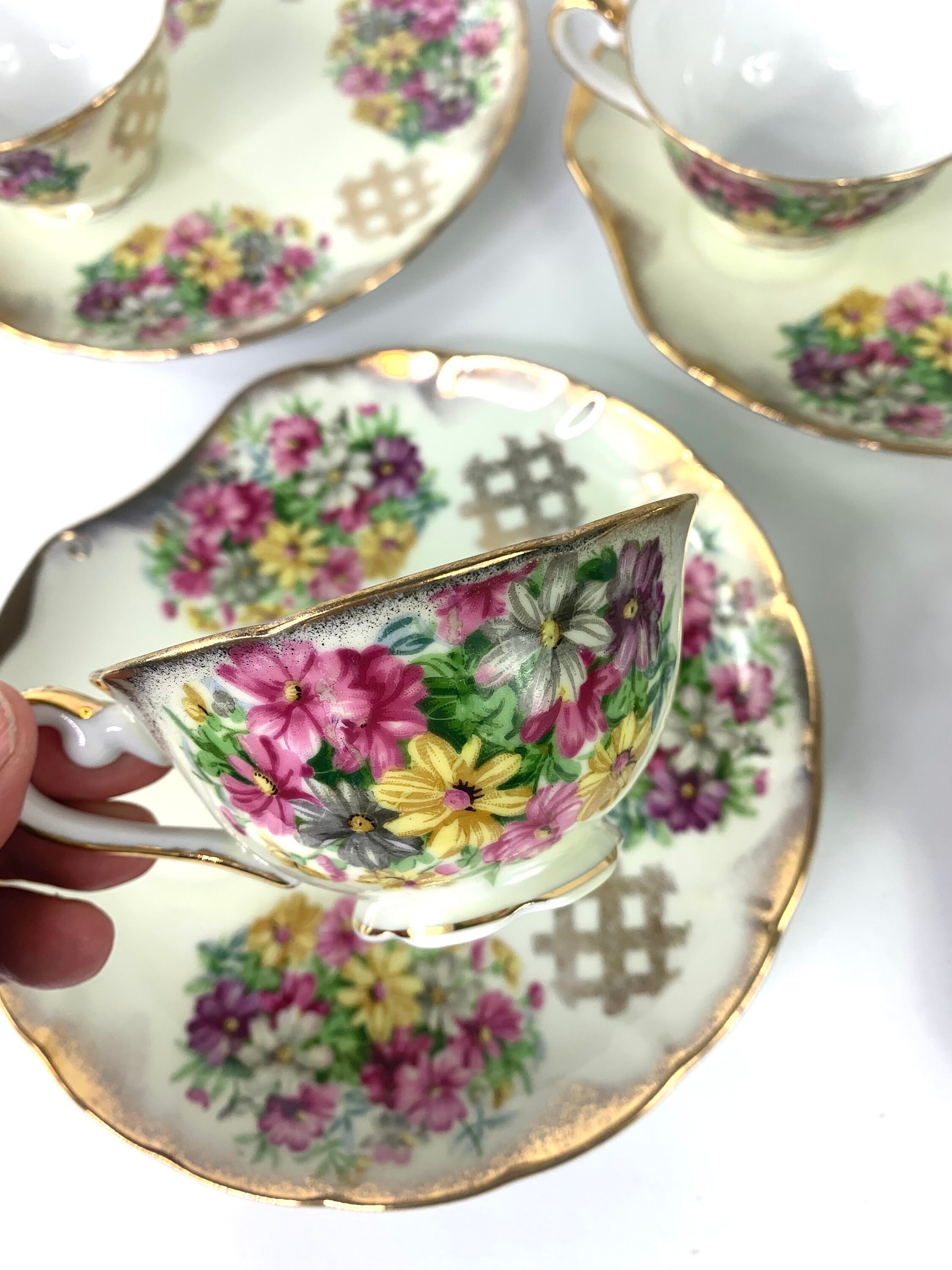 Daisy Pattern Gold Trimmed Bone China Luncheon Sets Cup and - Etsy