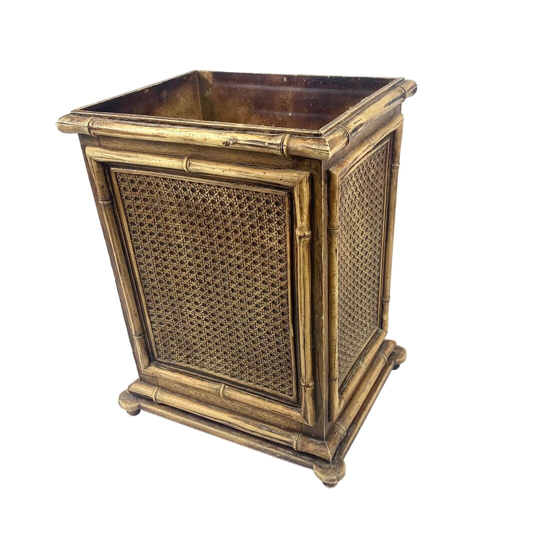Mid Century Faux Bamboo Rattan Waste Basket Hollywood Regency Trash Can ...